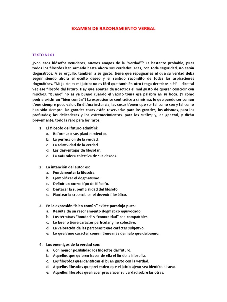 Examen de Razonamiento Verbal | PDF