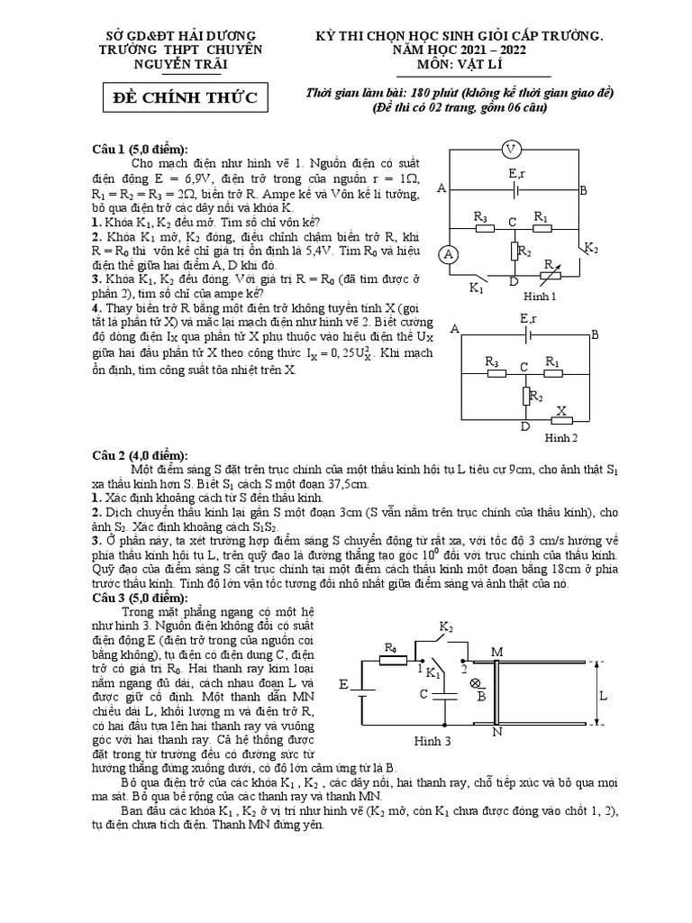 De Thi Hoc Sinh Gioi Vat Li 12 Nam 2021 2022 Truong Chuyen Nguyen Trai Hai Duong | PDF