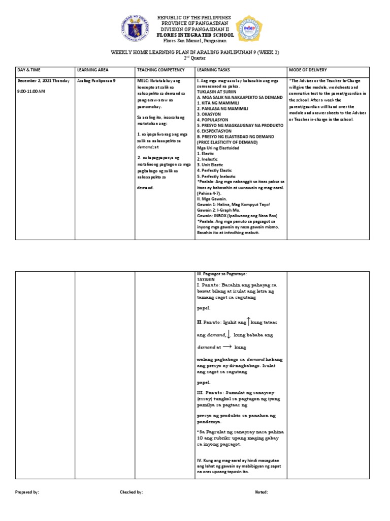 Weekly Home Learning Plan Week 2 2nd Quarter AP 9. | PDF