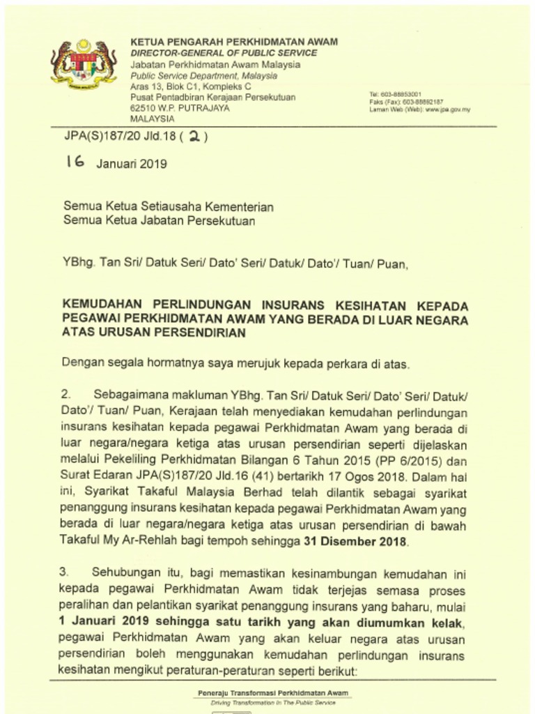 Surat Edaran JPA 16012019 - Insurans Kesihatan Luar Negara | PDF