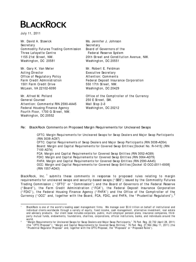 Re: Blackrock Comments On Proposed Margin Requirements For Uncleared Swaps | PDF | Dodd–Frank ...
