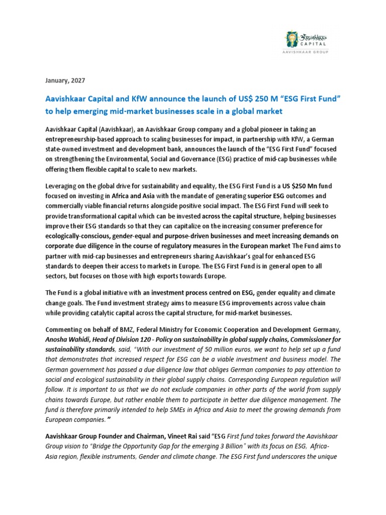 Launch of ESG First Fund by Aavishkaar | PDF | Business | Economies