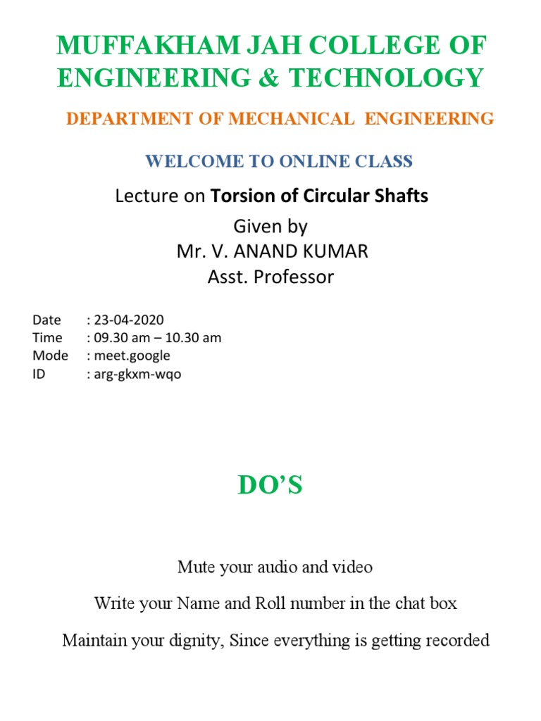 Lecture on the Theory of Pure Torsion and Torsion of Circular Shafts ...