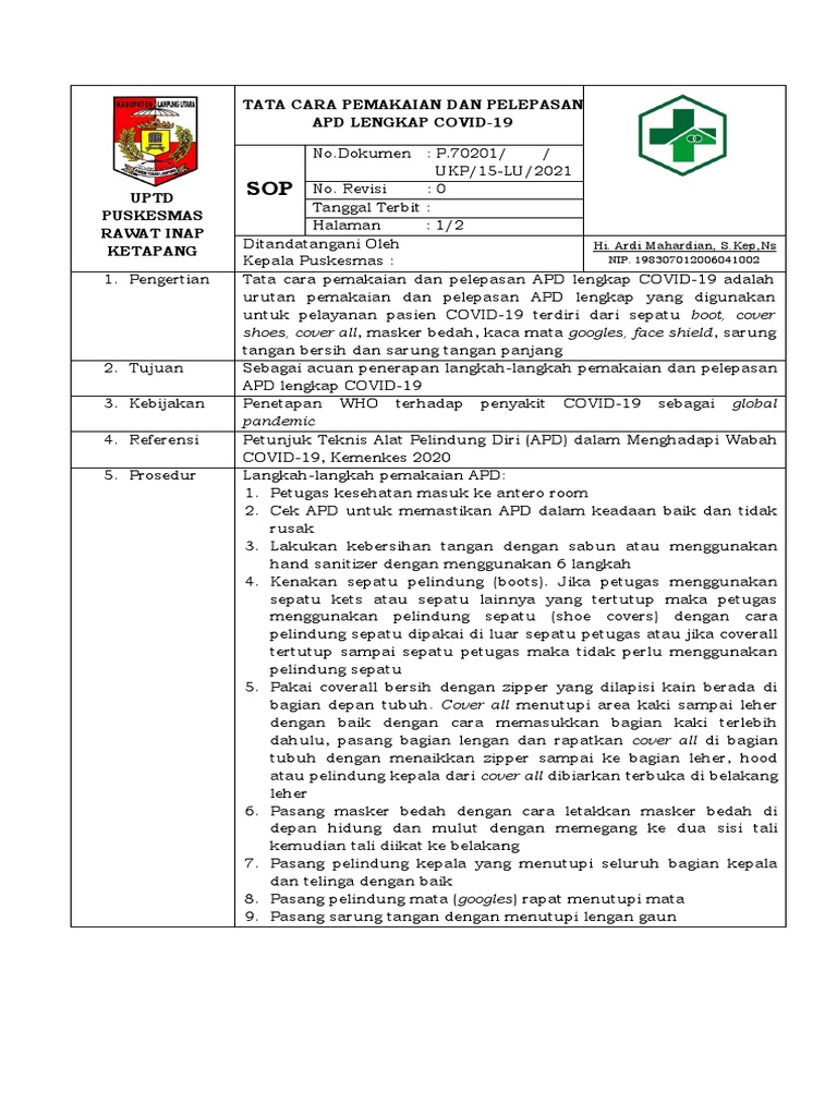 SOP Penggunaan APD | PDF