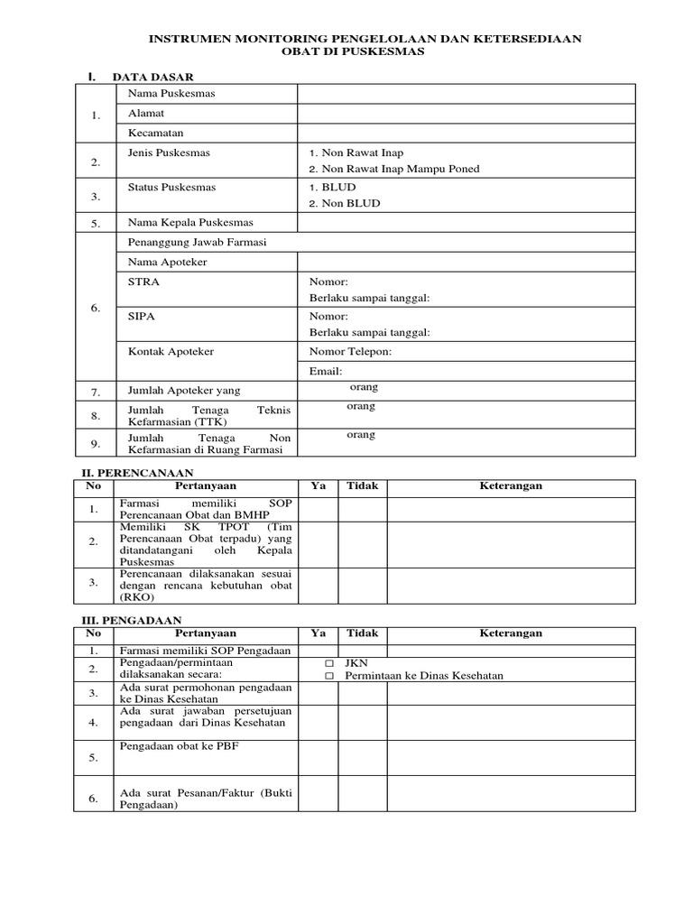 Instrumen Monitoring Pengelolaan Obat Di Puskesmas | PDF