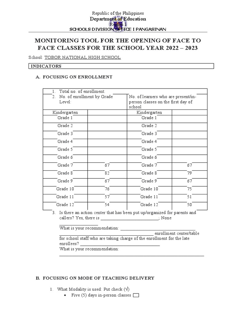 Monitoring Tool for Tobor High School | PDF | Teachers | Distance Education