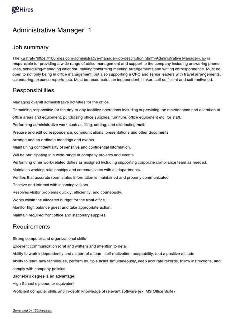 Administrative Manager Job Description | PDF