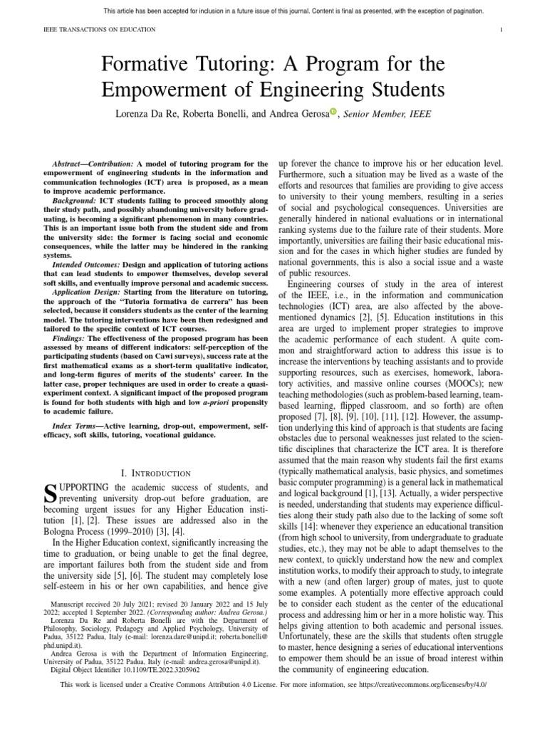 Formative Tutoring A Program For The Empowerment of Engineering ...