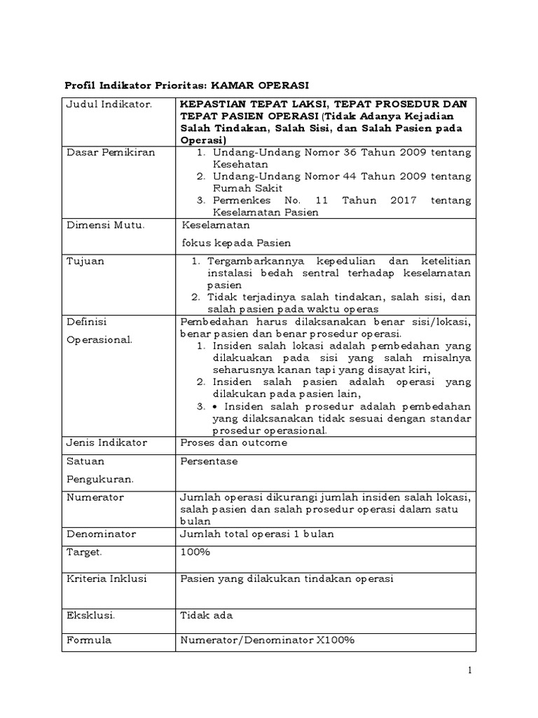 Profil Indikator PRIORITAS UNIT Kamar Operasi | PDF