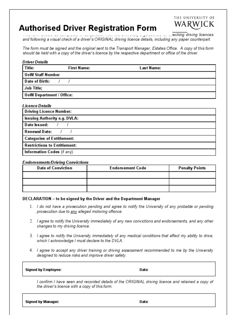 Authorized Driver Registration Form | PDF