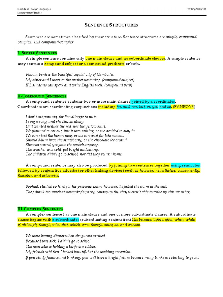 S6 ws101 - Sentence - Structures - (Sentence - Types) | PDF