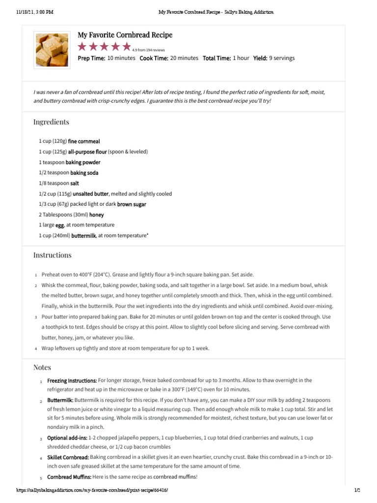 My Favorite Cornbread Recipe - Sally's Baking Addiction | PDF | Baking | Food And Drink