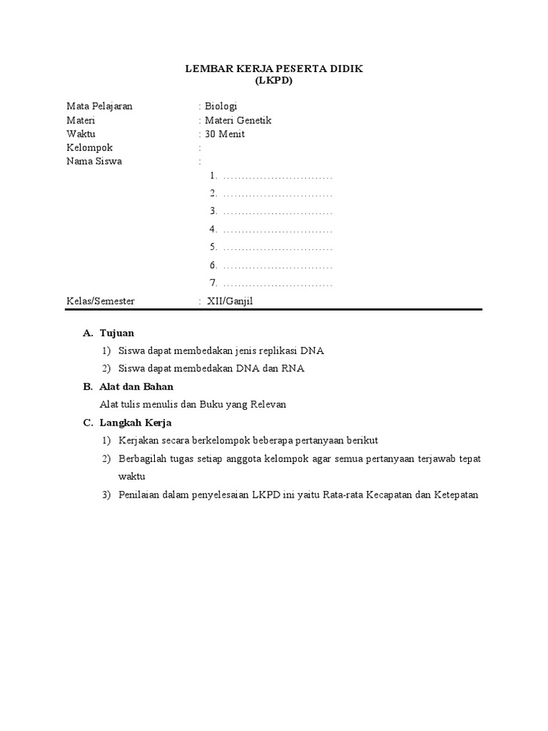 LKPD Substansi Genetik Replikasi DNA | PDF
