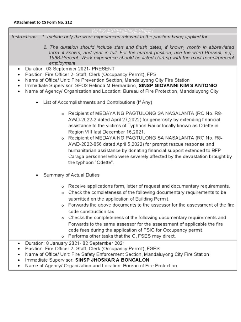 Work Experience Sheet | Download Free PDF | Fire Safety | Emergency ...