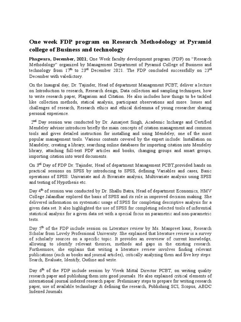 Press Note on One Week FDP Program on Research Methodology | PDF | Spss ...