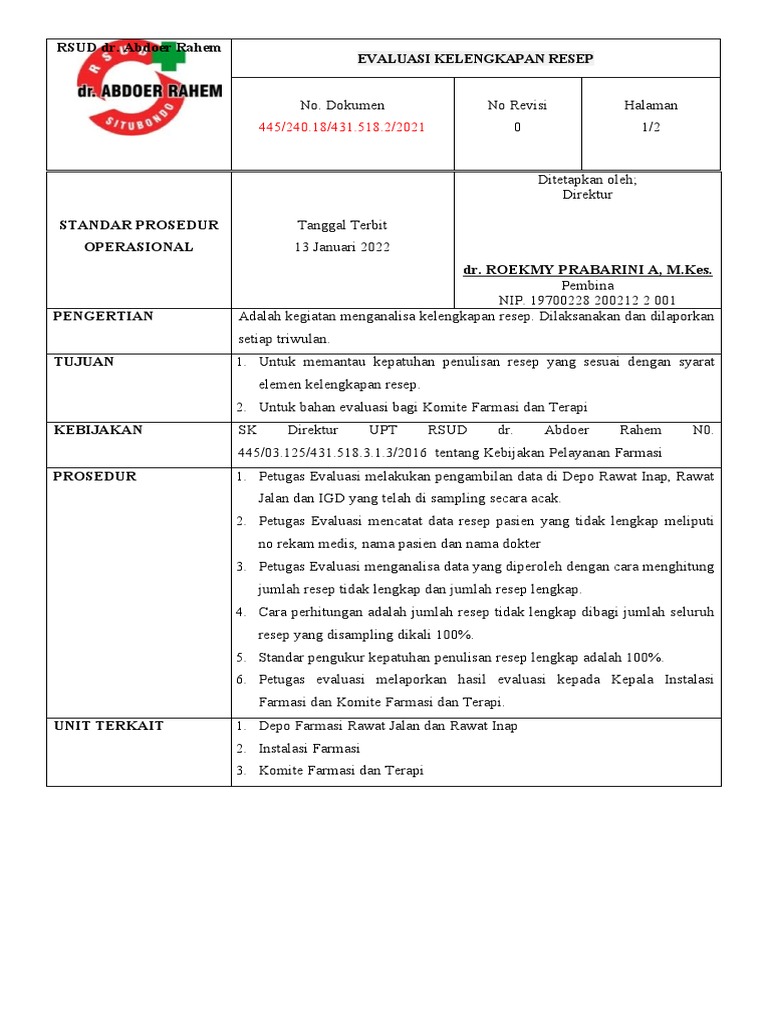 Sop Evaluasi Kelengkapan Resep | PDF | Kesehatan Holistik
