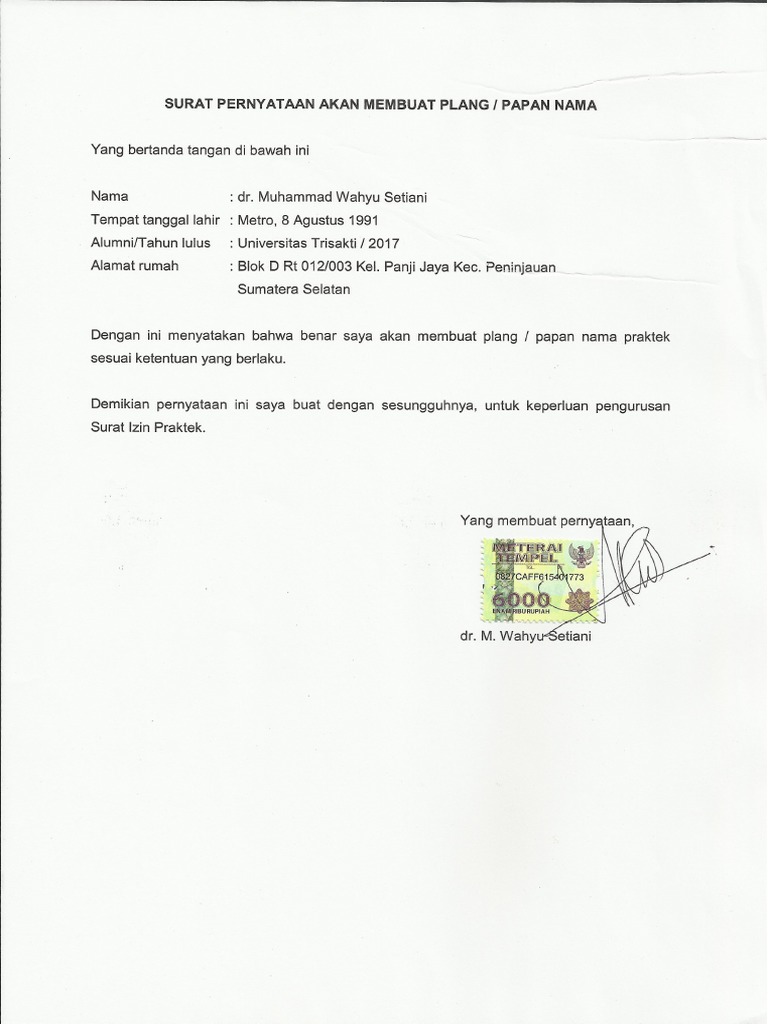 Surat Pernyataan Akan Membuat Plang Nama DR Wahyu | PDF