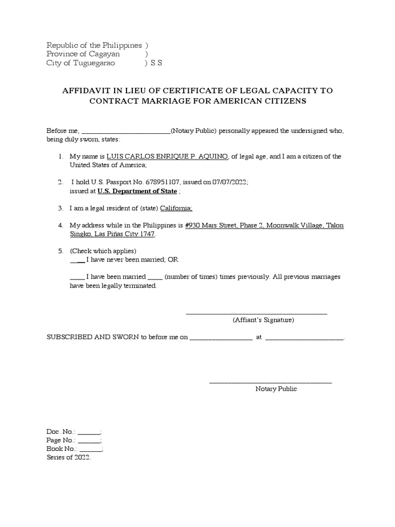 Affidavit in Lieu of Certificate of Legal Capacity To Contract Marriage For U | PDF
