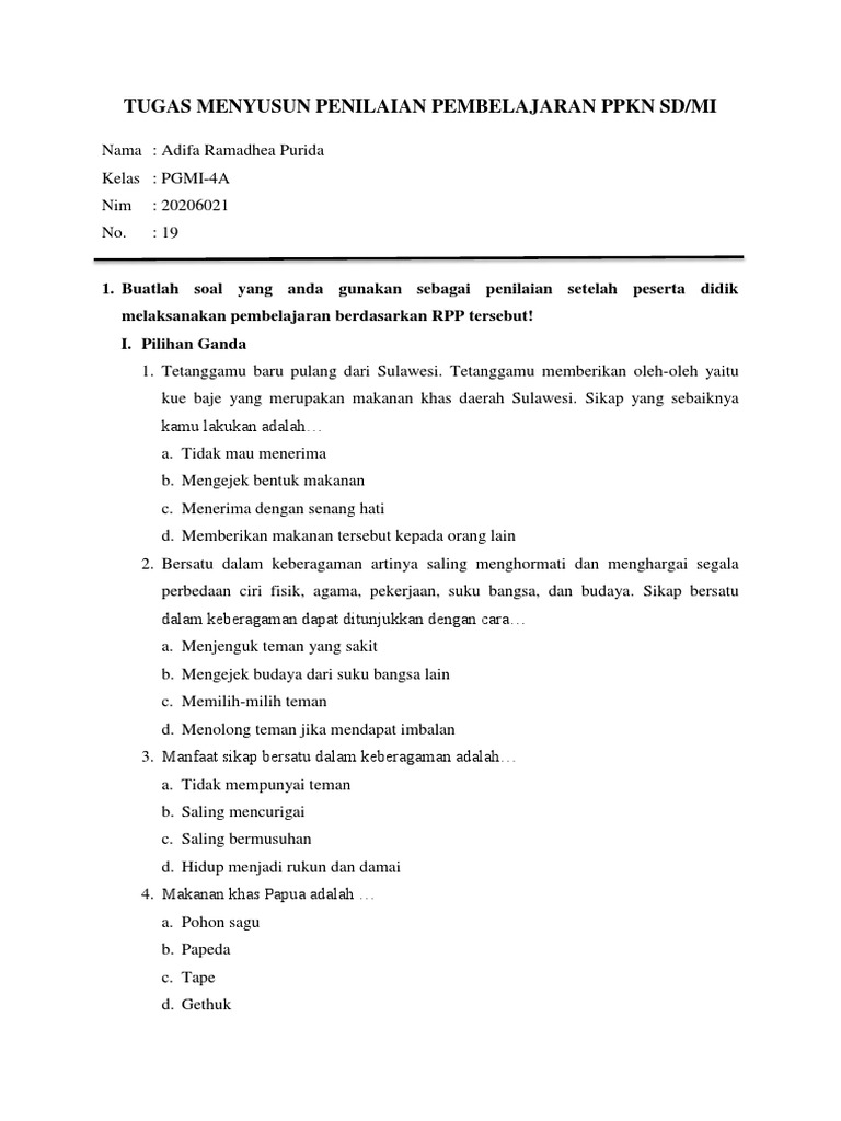 Pgmi 4a - 20206021 - Adifa Ramadhea Purida - Tugas Menyusun Penilaian Pembelajaran PPKN SD | PDF