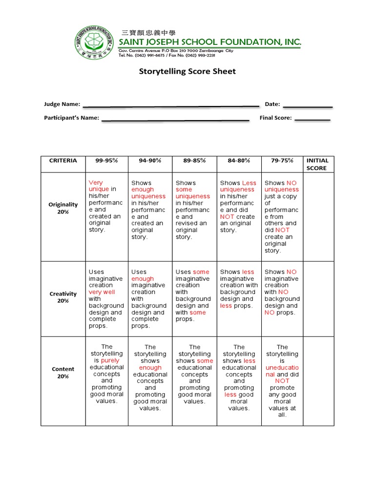 Storytelling Score Sheet | PDF