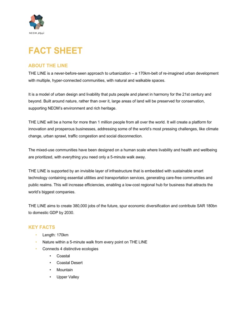 Neom The Line Fact Sheet Eng | PDF | Urban Design | Infrastructure