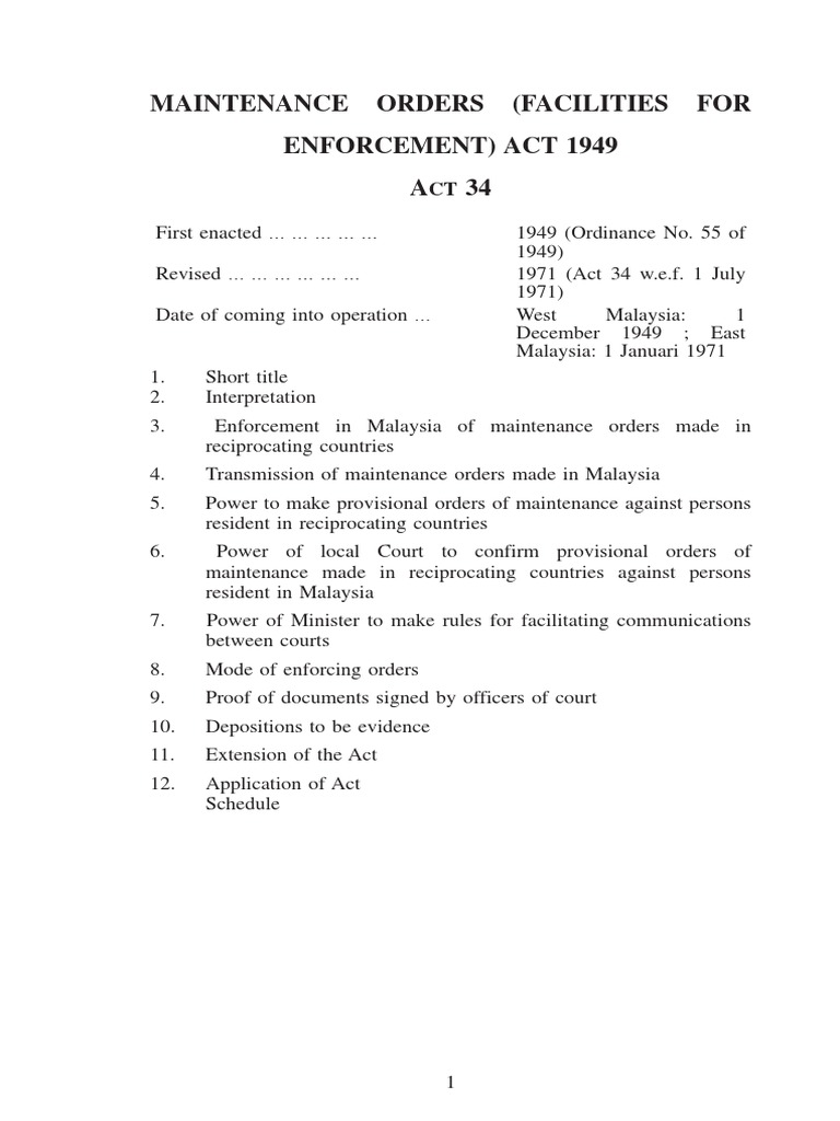 (My) Maintenance Orders (Facilities For Enforcement) Act 1949 Act 34 ...