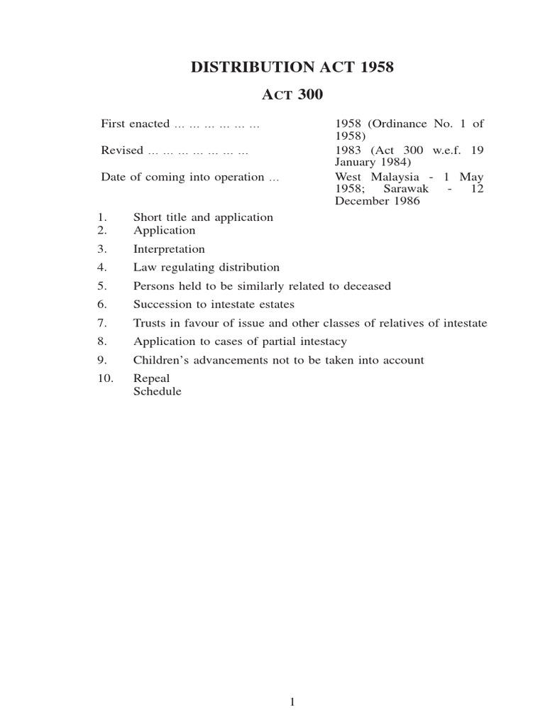 Distribution Act 1958 Overview | PDF | Intestacy | Civil Law (Legal System)