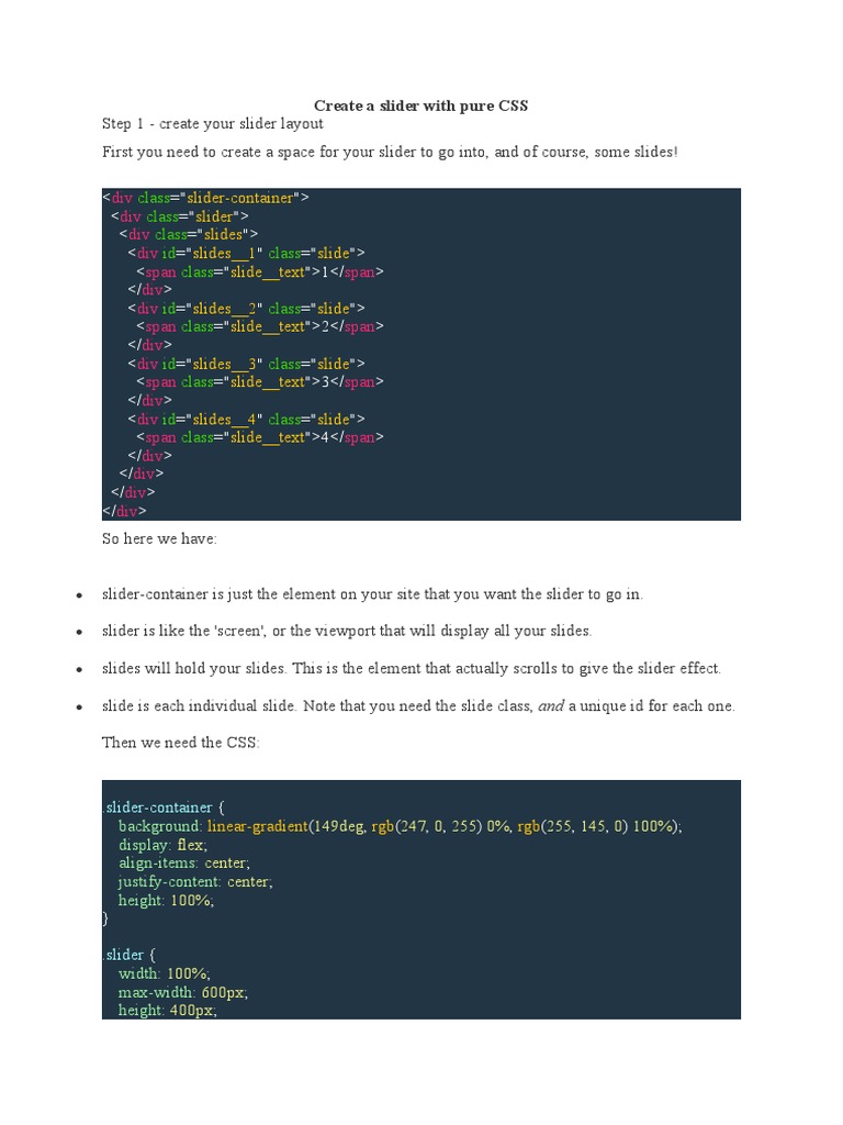 Pure CSS Slider Creation Guide | PDF | Business | Technology & Engineering