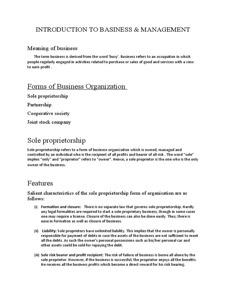 INTRODUCTION TO Business | PDF | Partnership | Sole Proprietorship