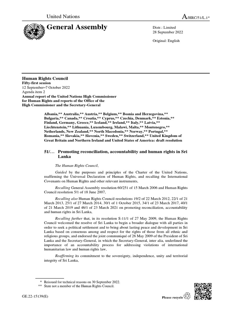 HRC Resolution 51 - Sri Lanka | PDF | Human Rights | Corruption