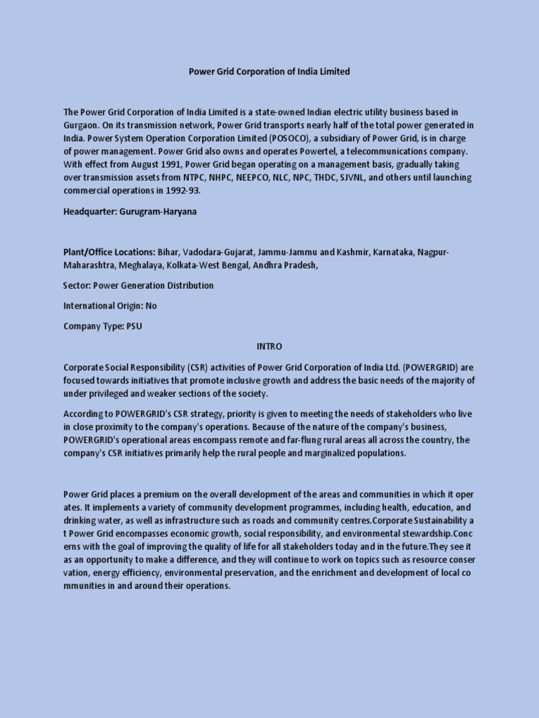 Power Grid Corporation CSR Initiatives | PDF | Corporate Social ...
