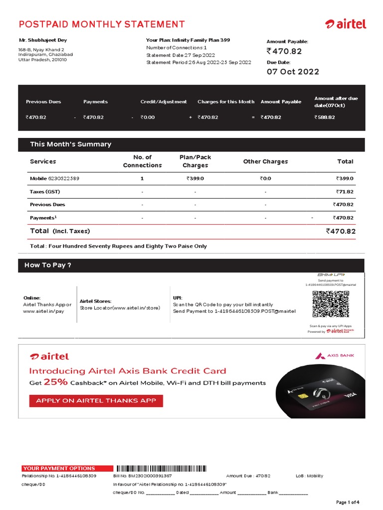 Airtel Postpaid Bill | PDF | Payments | Cheque Airtel Postpaid Bill | PDF | Payments | Cheque