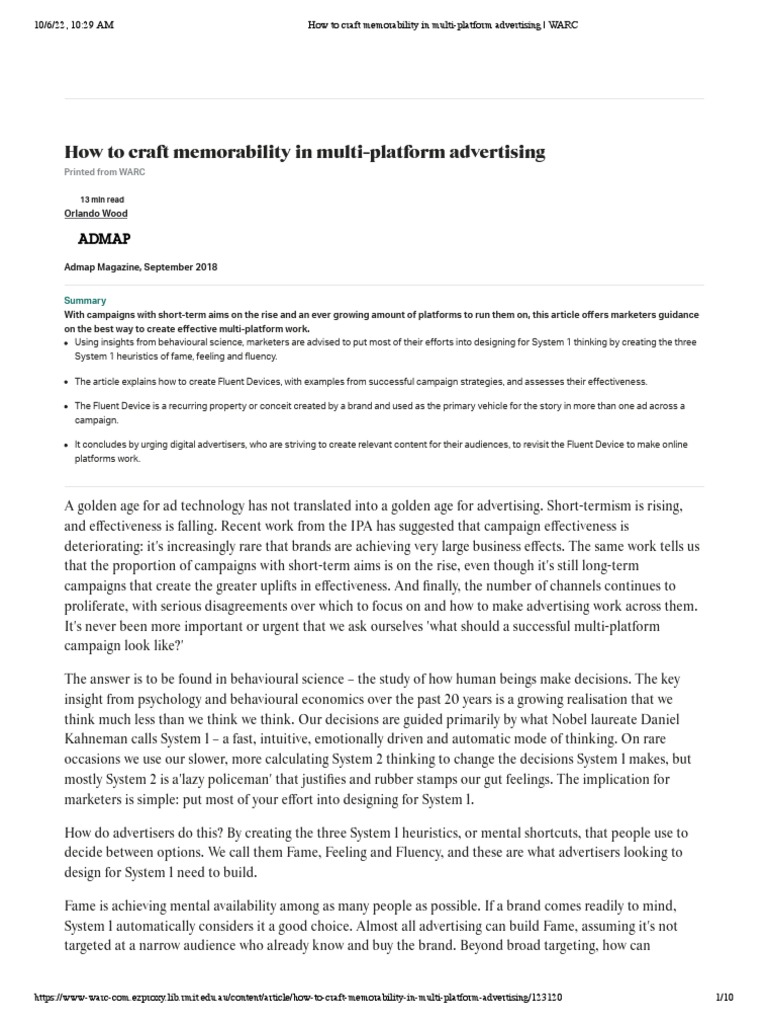 How To Craft Memorability in Multi-Platform Advertising - WARC | PDF ...