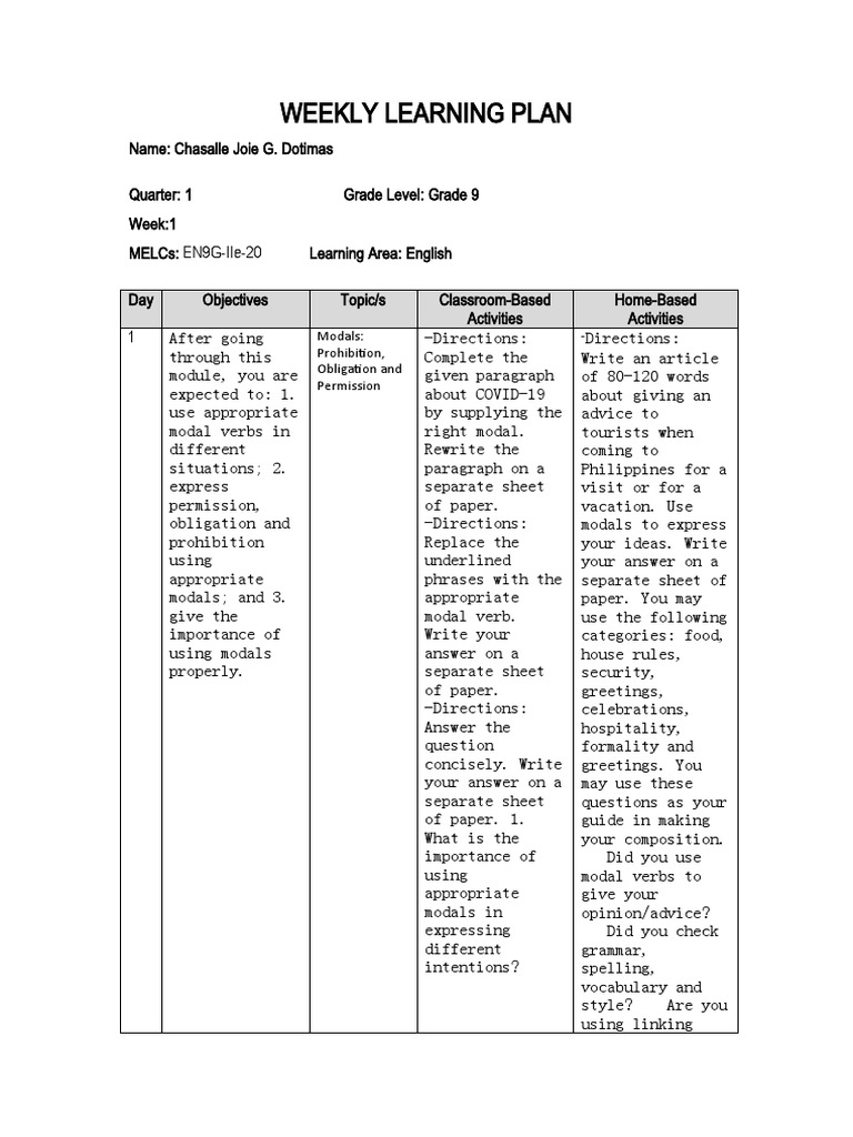 Weekly Learning Plan | PDF | Argument | Question