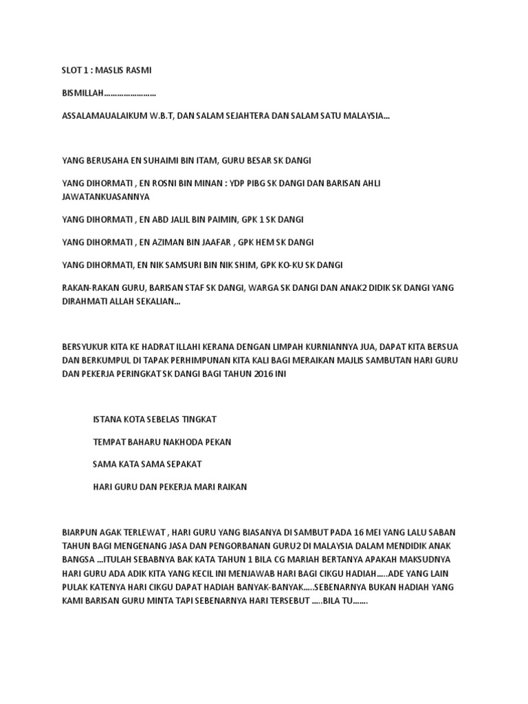 Teks Ucapan Pengacara Majlis Hari Guru 2016 | PDF | Agama & Spiritualitas