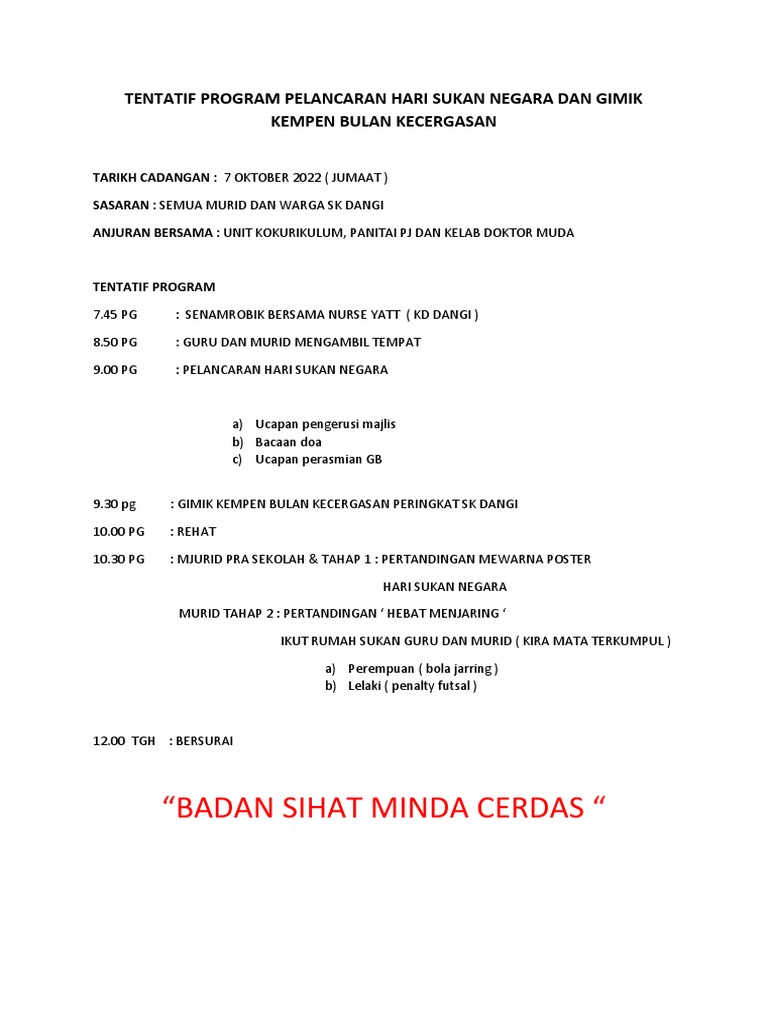 Tentatif Program Pelancaran Hari Sukan Negara Dan Gimik Kempen Bulan ...