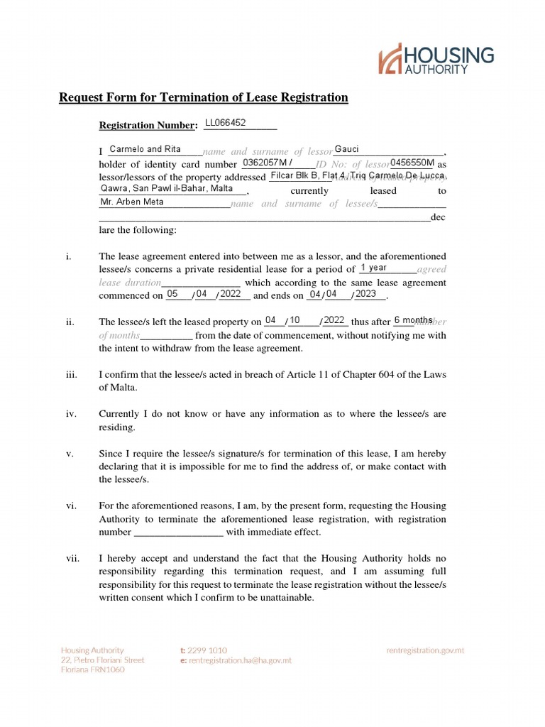 Lease Termination Request Form | PDF | Lease | Law And Economics