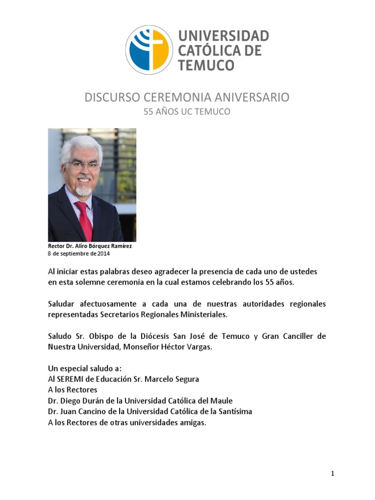 Discurso Rector 55 Uc Temuco | Descargar gratis PDF | Educación más ...