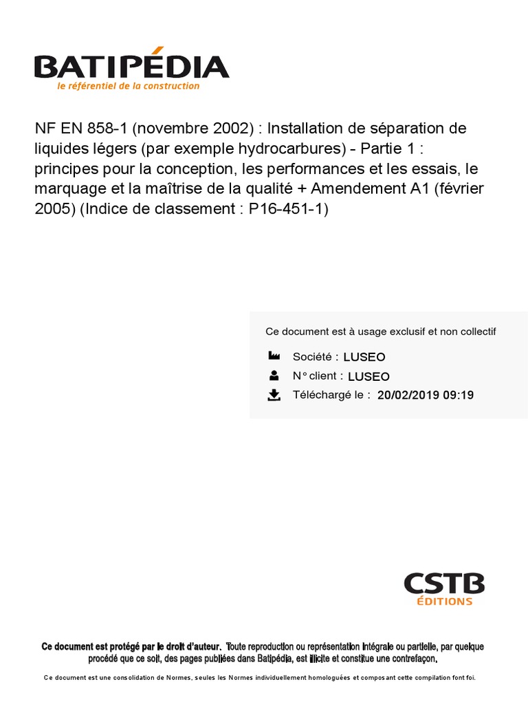 NF EN 858-1 - Installation de Séparation de Liquides Légers | PDF