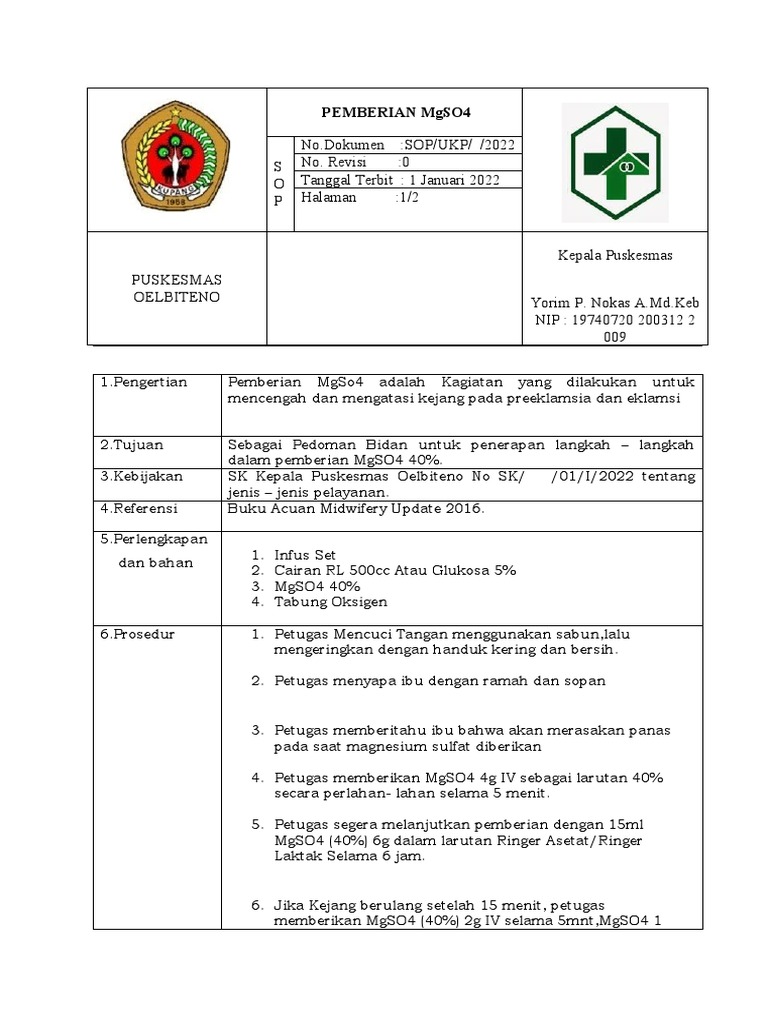 SOP Pemberian MgSO4 | PDF