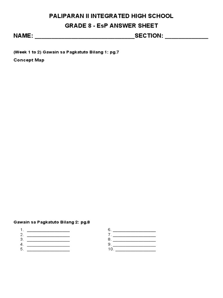 Answer Sheet Week 1 To 6 Pdf