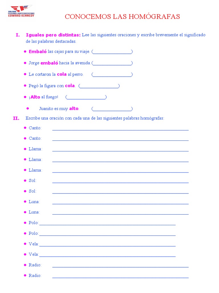 Ejercicios de palabras homógrafas y homófonas | PDF