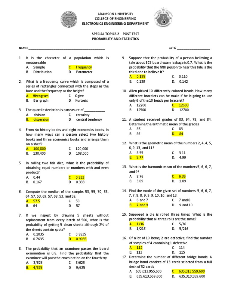 Special Topics 2 Post Test Probability A | PDF