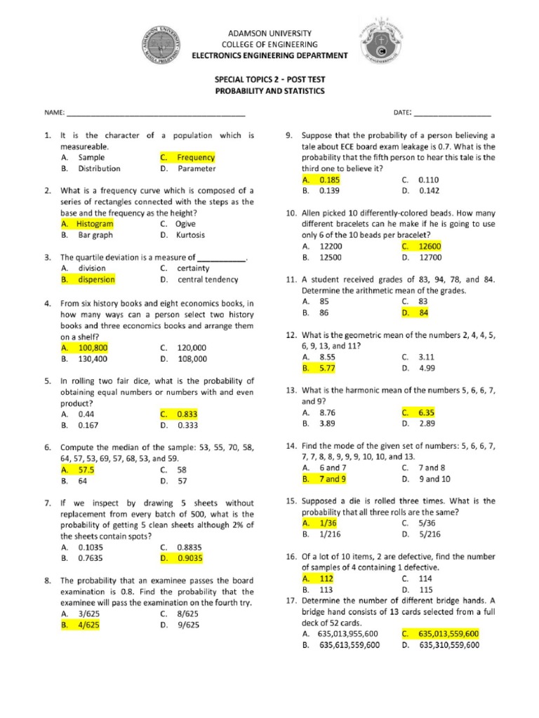Special Topics 2 Post Test Probability A | PDF