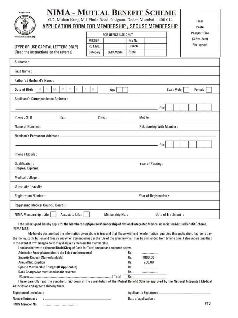 NIMA MBS Membership Form 2019 | PDF