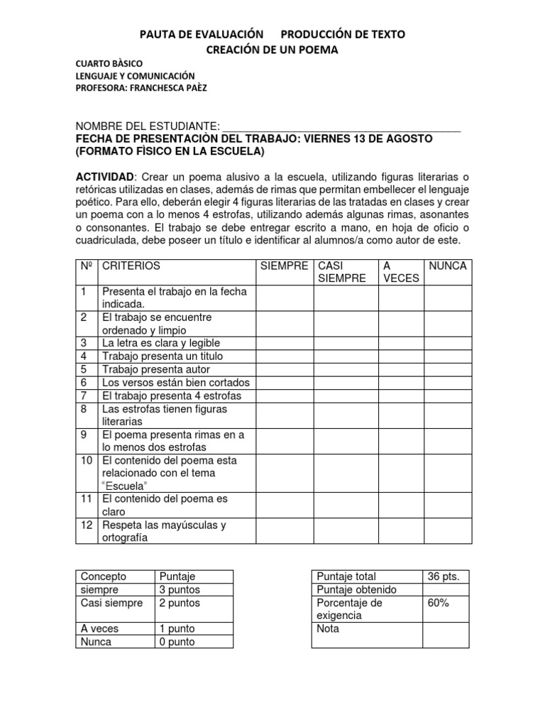 Evaluación de Poemas Escolares | PDF