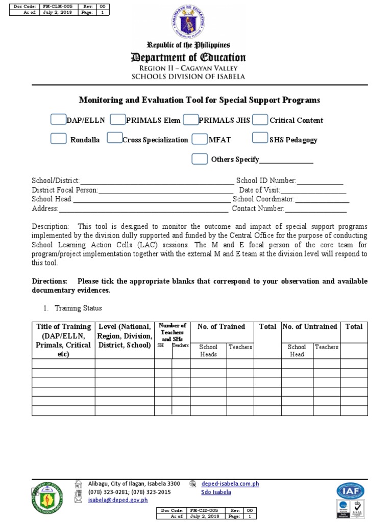 FM - CLM - 005 - Monitoring and Evaluation Tool for Special Support ...