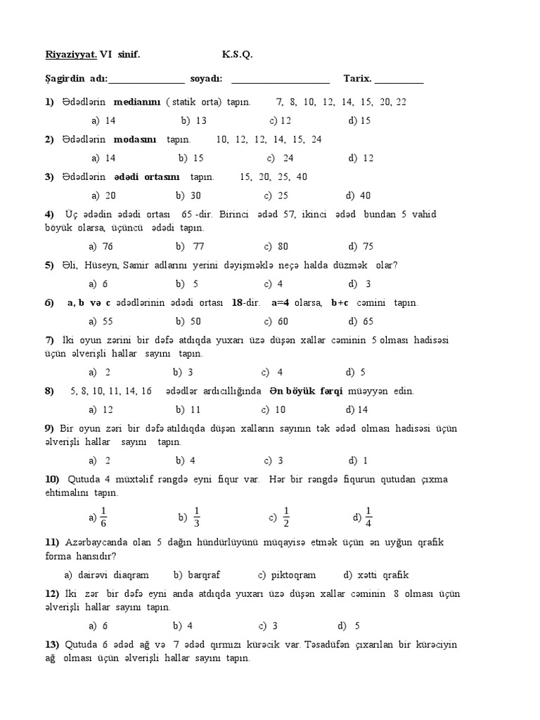 Riyaziyyat 6 Sinif Ehtimal KSQ | PDF