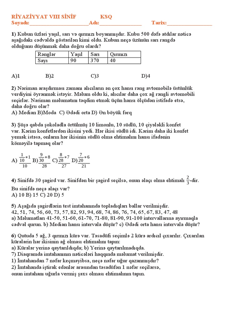 Riyaziyyat VIII SİNİF KSQ 9 | PDF