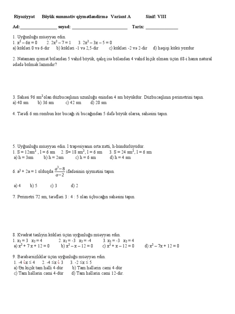 8 Sinif Riyaziyyat BSQ 2 | PDF